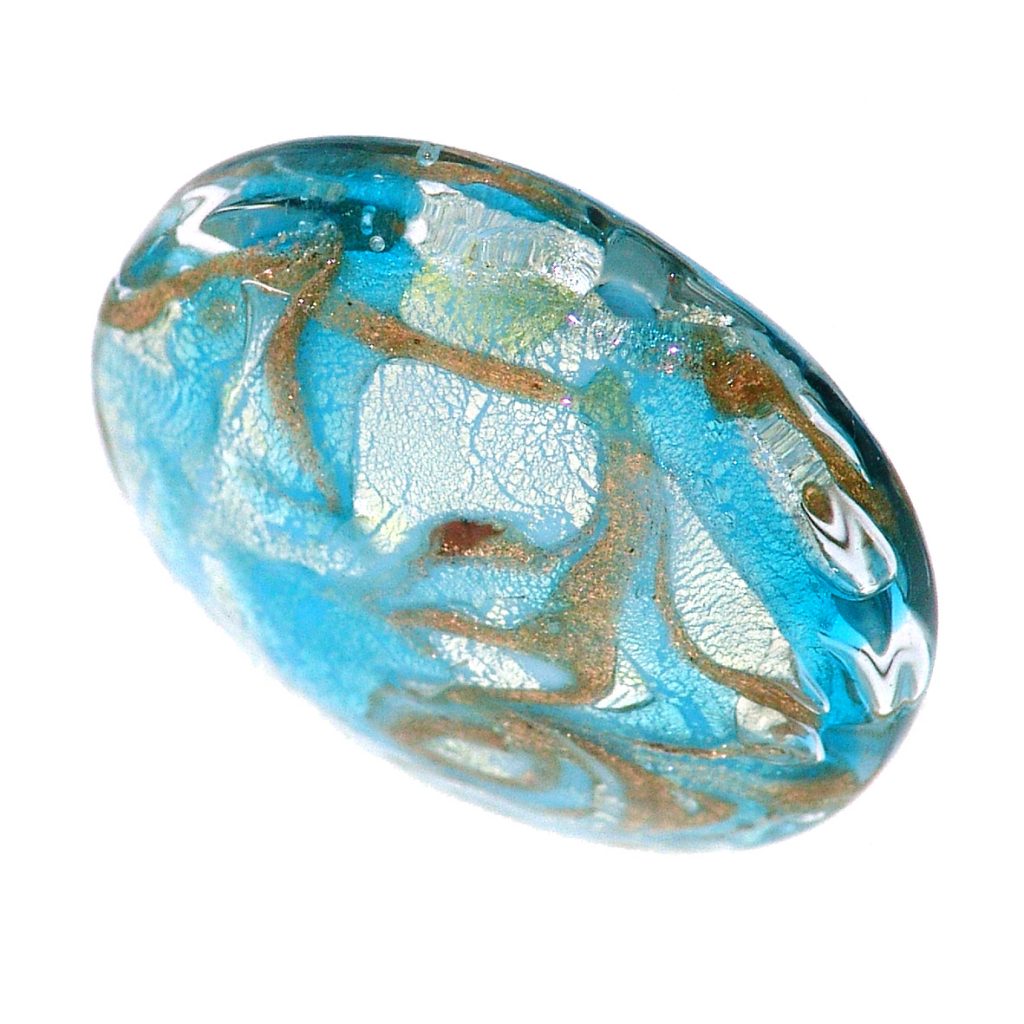 GLASS BEAD – LAMP WORK – LENTICULAR-SHAPED – SILVER AND GOLD FOIL ON ...